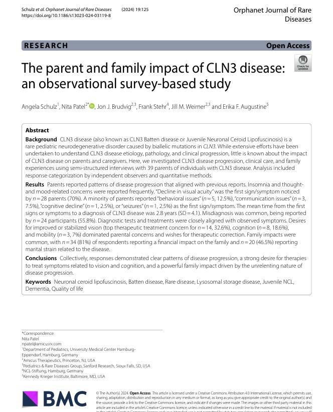 The parent and family impact of CLN3 disease: an observational survey ...